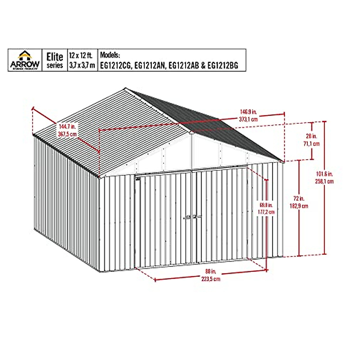 Arrow Shed Elite 12' x 12' Outdoor Lockable Gable Roof Steel Storage Shed Building, Anthracite