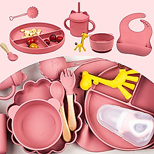 Kiddie Crave Baby Feeding Supplies Set of 11 – Ultra Soft Silicone Baby Utensils – Colorful Baby Led Weaning Supplies with Spoons, Bibs, Bowls – Comfortable and Safe Baby Plates (Pink)