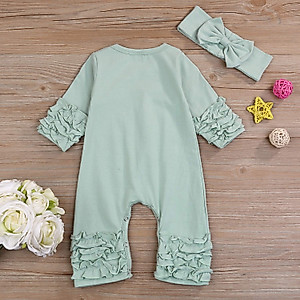 GRNSHTS Newborn Baby Girls Ruffle Romper Solid Long Sleeve Jumpsuit One-Piece Coming Home Clothes With Headband (Green, 1-3 Months)