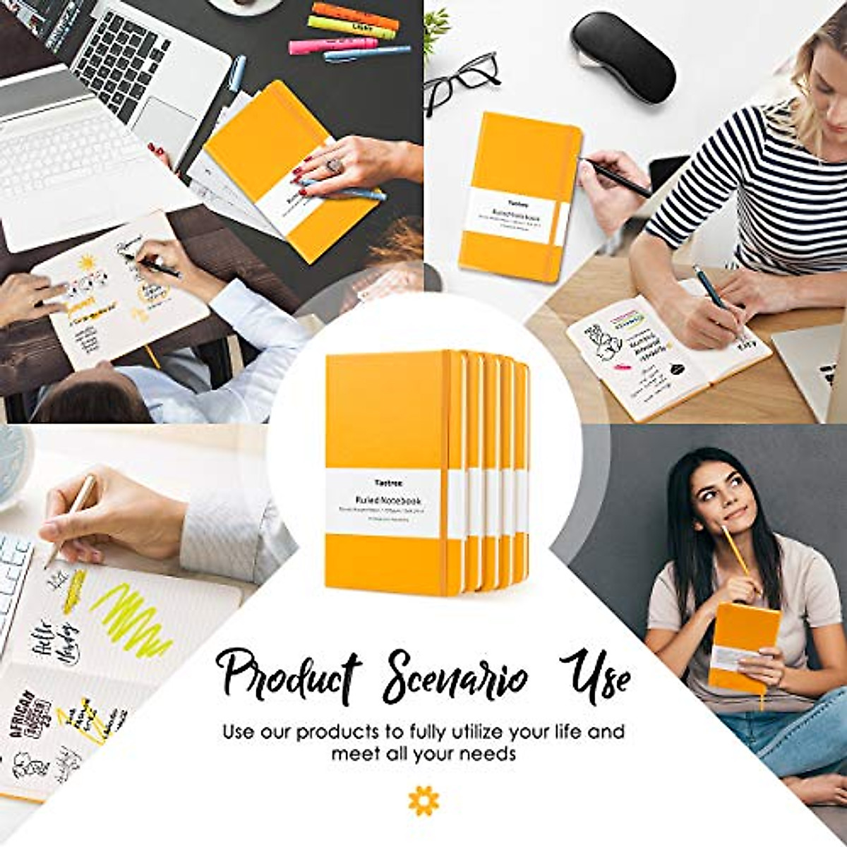 5 Pack Journal Notebooks, Taotree Yellow Classic Ruled Writing Notebook, Hard Cover PU Leather, 120gsm Premium Thick Paper, Inner Pocket, 128 Pages, 5"×8.3" for Office Business Supplies