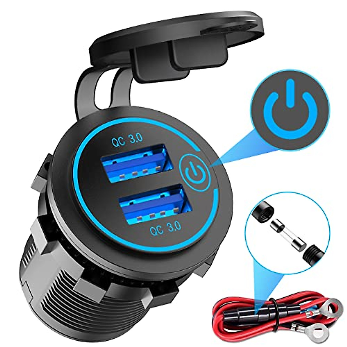 Quick Charge 3.0 Dual USB Charger Socket, Qidoe Waterproof 12V USB Outlet 36W Dual QC3.0 USB Power Socket with Touch Switch DIY Car USB Port for Car Boat Marine RV Motorcycle Bus Truck Golf Cart etc