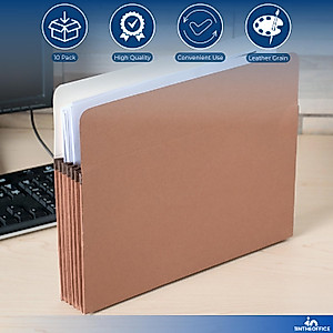 1InTheOffice Expanding File Pockets, Accordion File Organizer, Letter Size, Brown Redrope, 8 1/2" x 11", 1200 Sheet Capacity, 5 1/4", 10 Pack