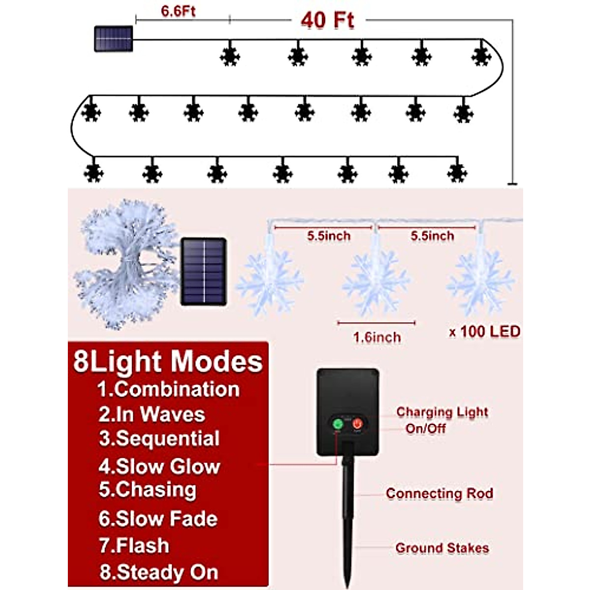 [ Solar Powered & 8 Modes ] 100 LED 39.3 Ft Christmas Lights Decoration Snowflake String Lights Timer Fairy Lights Bedroom Patio Garden Party Xmas Decor Home Indoor Outdoor Christmas Tree (Cool White)