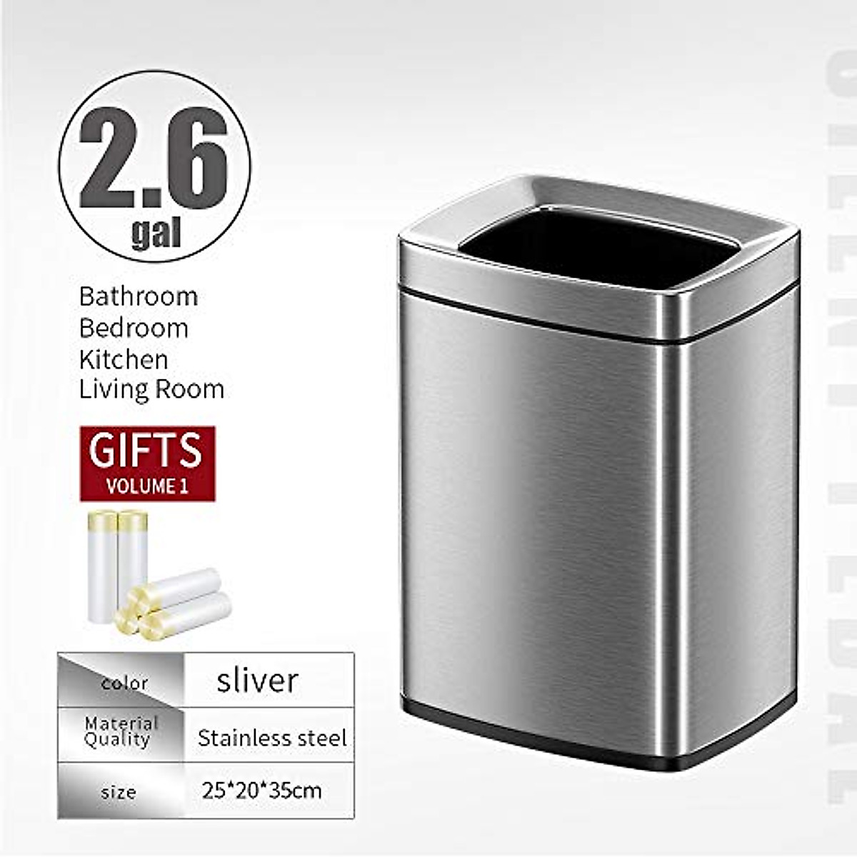 keling Square Trash can, Bathroom Trash can, Kitchen, Office, Household Trash can, Double Layer. (10L Silver, 9.8in Long 7.9in Wide 14in Tall)
