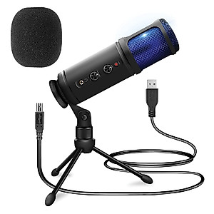 Jovial USB PC Recording Condenser Microphone-Blue LED,Adjustable Gain,Headphone Jack,Mute Control,Tripod Stand-Portable Pro Audio Condenser Desk Mic for Podcast Streaming Gaming-Pyle PDMIUSB50