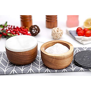 jalz jalz Large Wood Salt Box with Spoon Spice Seasonings Keeper Solid Natural Acacia Base White Marble Lid Elegant Design Decorative Boxes Big Capacity