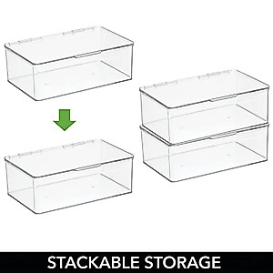 mDesign Plastic Household Storage Bin Box Organizer Container with Hinge Lid for Kitchen, Office, Bathroom, Bedroom, Hold Food, Snacks, Makeup, Toys, Work Supplies, Accessories - Clear