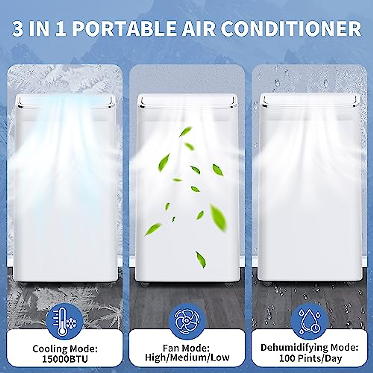 DENBIG Portable Air Conditioner, 15,000 BTU Portable AC Unit with Built-in Dehumidifier and Multi-speed Fan for Room up to 500-700 Sq. Ft, Remote Control, 24-Hour Timer, and Installation Kit, White