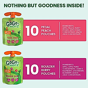 GoGo SqueeZ Fruit & VeggieZ Variety Pack, Pedal Peach and Boulder Berry, 3.2 oz (Pack of 20), Unsweetened Snacks for Kids, Gluten Free, Nut Free, Dairy Free, Recloseable Cap, BPA Free Pouches