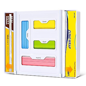 CiWiVOKi Expandable Storage Bag Organizer for Kitchen Drawer, 6 in 1 Foil and Plastic Wrap Dispenser with Cutter, Plastic Organization and Storage for Sandwich Gallon Quart Snack Bags, 3.2"High, White