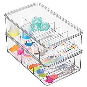 mDesign Stackable Plastic Storage Organizer Container Box for Kitchen Cabinets, Pantry, Countertops - Holds Kids, Child/Toddler Mealtime Sets, Small Accessories - 6 Sections - BPA Free - Clear