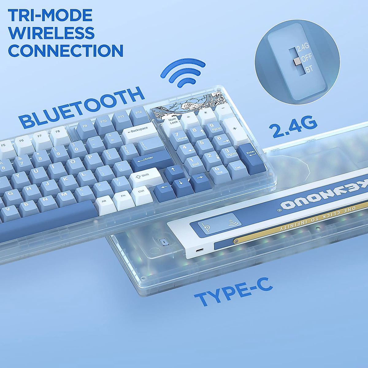 YUNZII Keynovo IF98 Pro Tri-Mode Wireless Bluetooth Hot Swappable Gasket Mechanical Gaming Keyboard 98 Key 96% 1800 Layout RGB Backlight for Mac & Win (Gateron G Pro Brown, Wireless Blue)