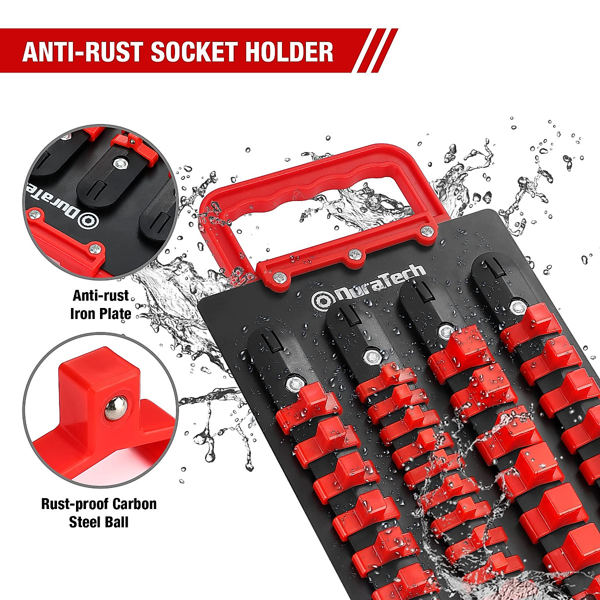 DURATECH Socket Organizer, 48-Piece Portable Socket Holder with Handle, ABS Socket Tray Wall and Tool Cart Mounted, 1/4", 3/8", 1/2" Drive Socket Organizer Tray, Red(Socket not Included)
