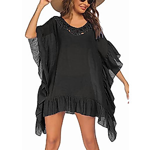 Ekouaer Swimsuit Cover Ups Women Bat Sleeve Bikini Beachwear Top Loose Beach Cover Up(M,Black)