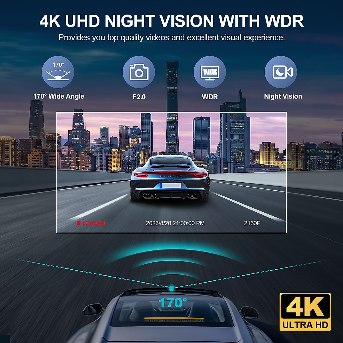 3 Channel 4K Dash Cam, Dash Camera for Cars with 64GB SD Card, 4K+1080P+1440P Dash Cam Front and Rear Inside, Super Night Vision, Loop Recording, G-Sensor, Motion Detection, 24 Hours Parking Mode