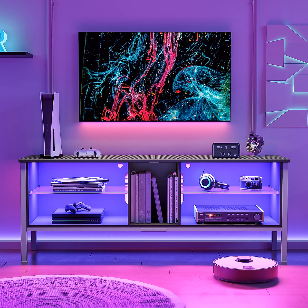 Bestier Gaming Entertainment Center for 65+ Inch TV with LED Lights & Adjustable Glass Shelves, Modern TV Stand Media Console, Fits TVs up to 75 Inch, Black Carbon Fiber Ideal for Living Room