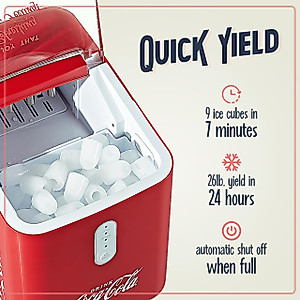 Coca-Cola Automatic Ice Maker, Self- Cleaning, Countertop Size, 26 Pounds in 24 Hours, 9 Large or Small Ice Cubes in 7 Minutes, LED Control Panel, Scoop Included, Perfect for Water Bottles
