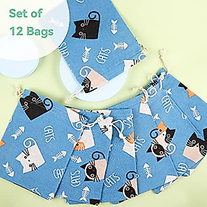 12pcs Kitty Cat Party Favors Treat Bags Drawstring 6x8”, Small Fabric Cotton Linen Gift Pouch Bags Reusable Cloth Candy Goodies Bag for Kids Cute Pet Cat Animals Themed Birthday Party Decoration