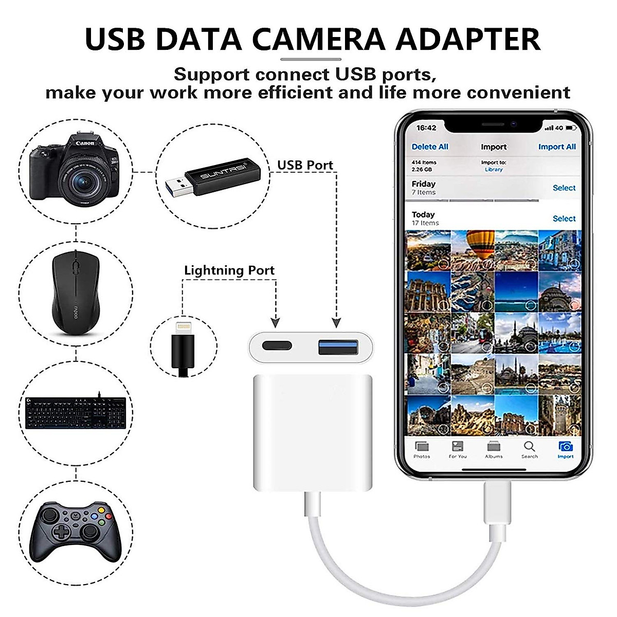sharllen Lightning USB Camera Adapter,Apple Certified USB Female OTG Reader Connector Charging Port Phone Charger Cable Cord Compatible iPhone/iPad/iPod,USB Drive,MIDI Keyboard,Mouse iOS9.2-14+