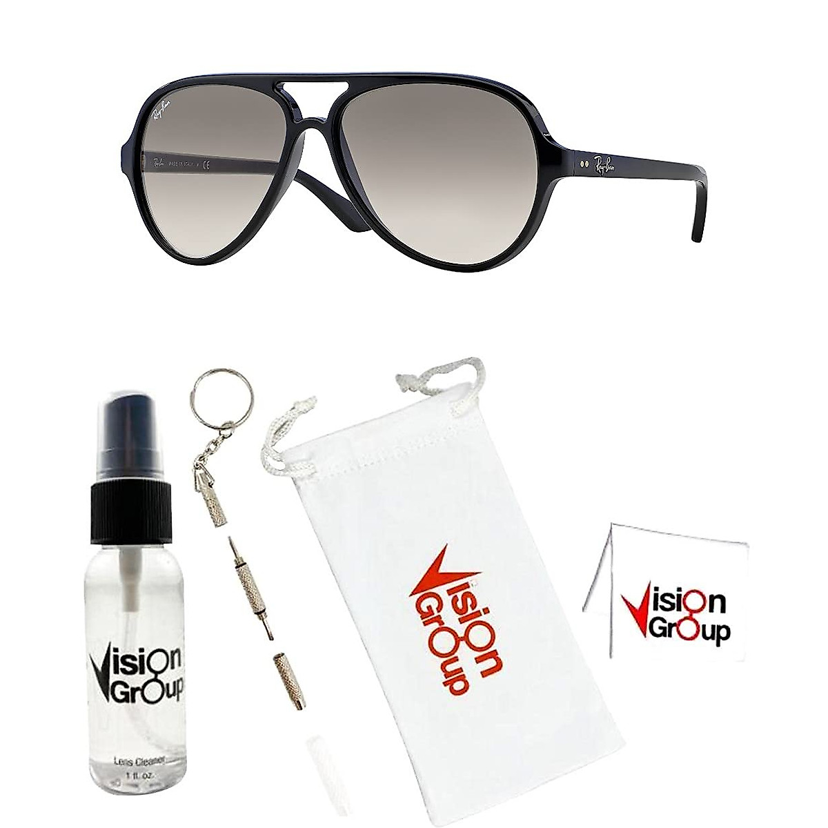Ray-Ban RB4125 Cats 5000 Sunglasses + Vision Group Accessories Bundle (Black/Clear Gradient Blue (601/3F))