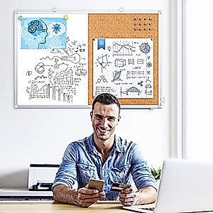 Magnetic White Board and Bulletin Cork Board Combination, 36 x 24 Inch Dry Erase Board Bulletin Combo Board, Hanging Wall Mounted Message Board Corkboard for Home, School, Office
