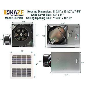 KAZE APPLIANCE SEP150 | 150 CFM | 0.5 Sone Ultra Quiet | Energy Star-Certified Energy-Saving Bathroom Exhaust Ventilation Fan