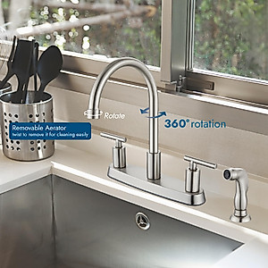 Cinwiny Kitchen Faucets,High Arc 360°Rotating Spout Kitchen Sink Faucet 2 Handle 8 Inch Centerset RV Kitchen Faucet with Supply Lines,3 Hole Kitchen Faucet with Side Sprayer, Brushed Nickel