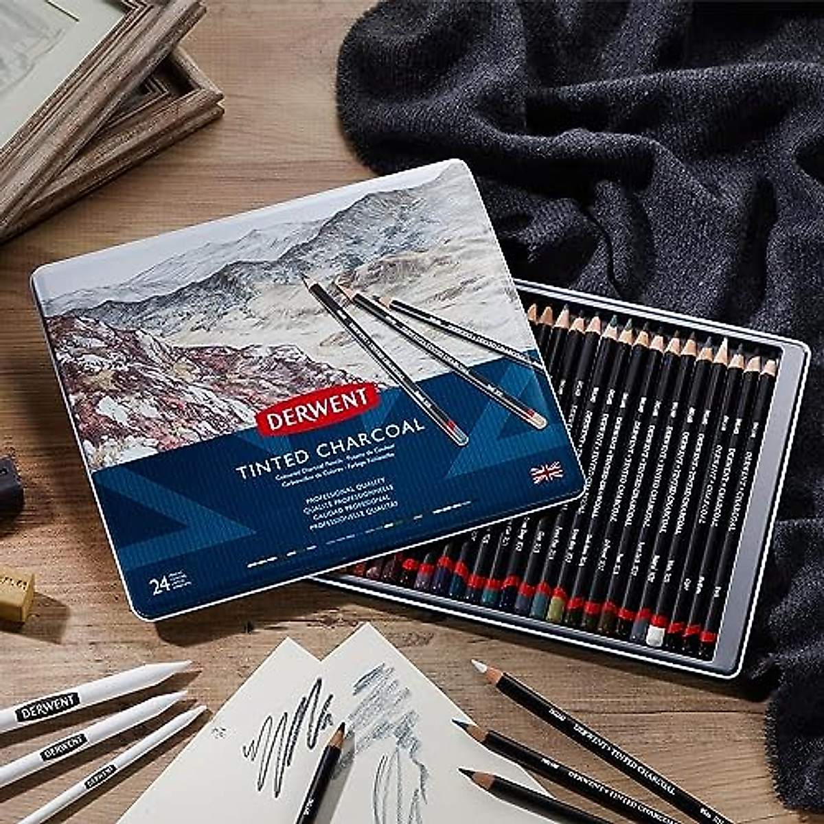 Derwent Tinted Charcoal Pencils, 4mm Core, Metal Tin, 24 Count (2301691)