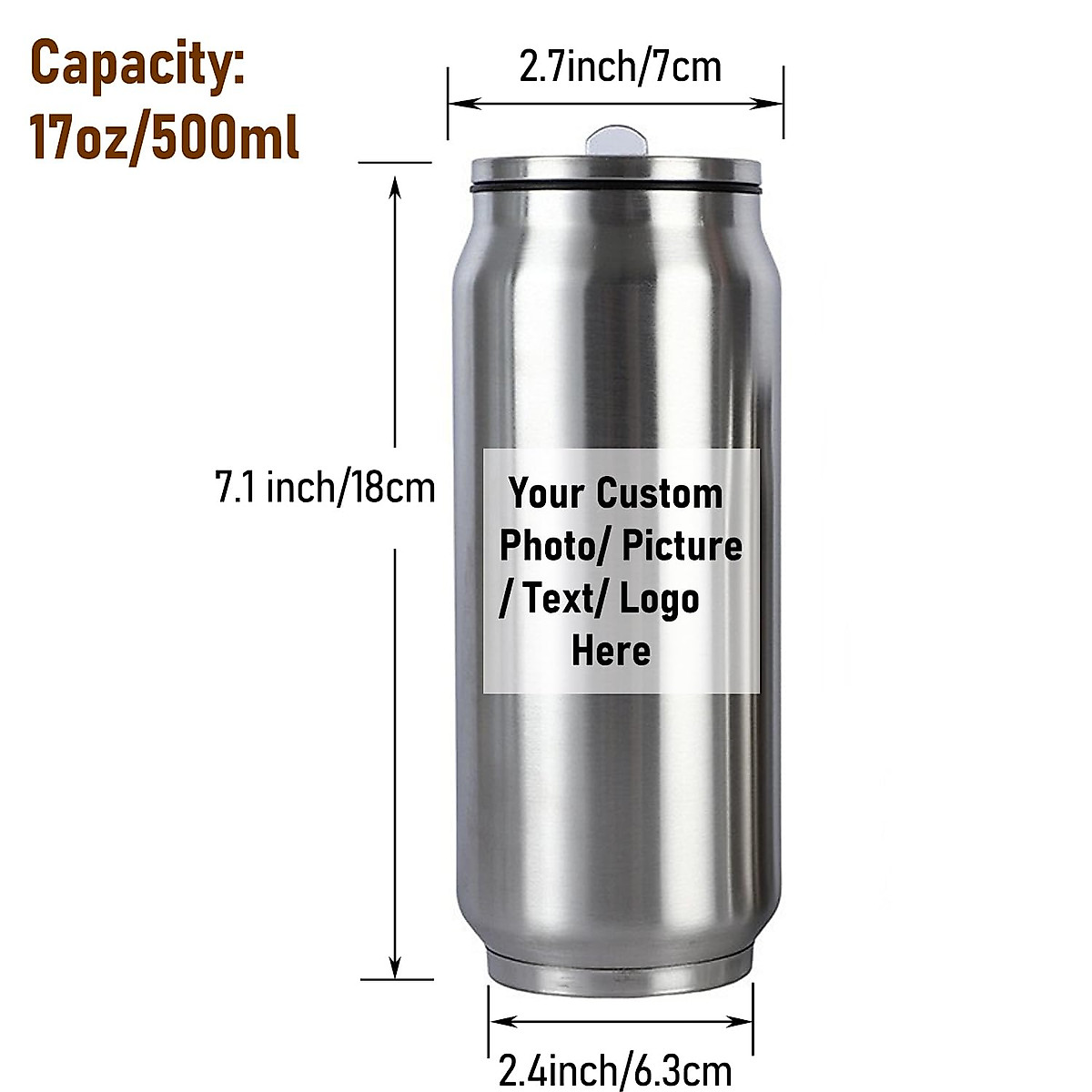 Custom 17oz Insulated Can Personalized Photo Picture Text or Logo Stainless Steel Double-walled Tumblers Great Gifts on Birthdays Father's Day Halloween Thanksgiving Christmas (Silver, Custom 17)
