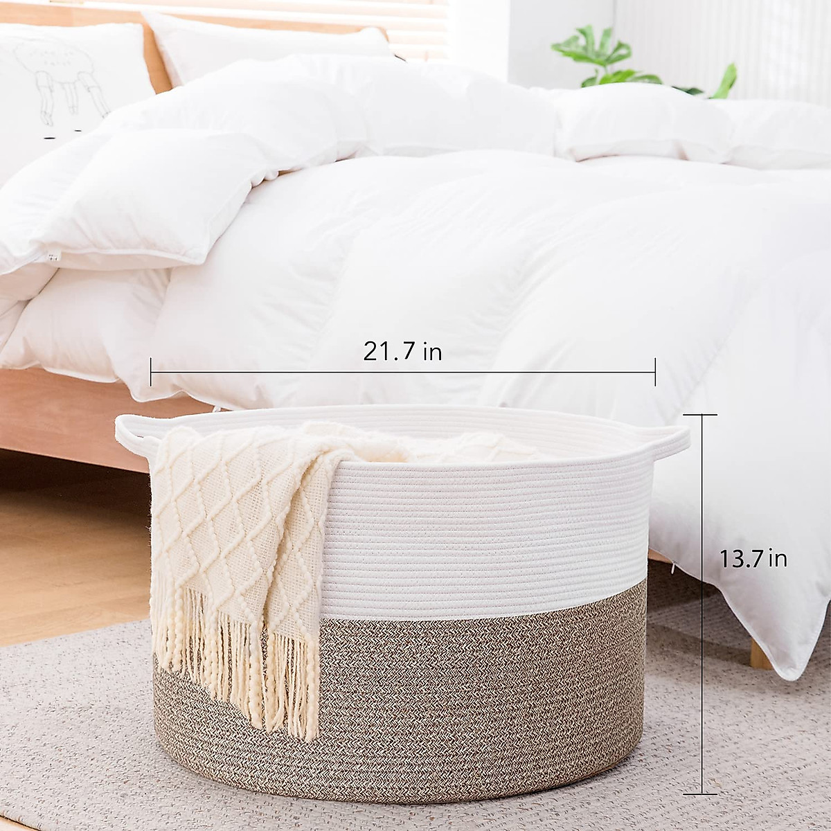 XXXL Blanket Basket Large Blanket Storage Living Room 21.7" x 21.7" x 13.8" Basket for Storing Blankets and Toys + Small Basket for Toys, Keys| Basket for Blankets Brown and White