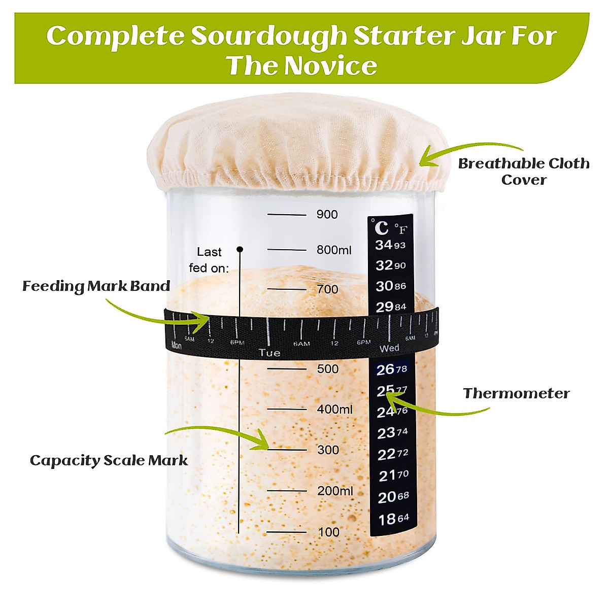 WAVEWISE Sourdough Starter Jar Kit 1000ml - Large Glass Jar for Sourdough - Sourdough Starter Crock - Reusable Sour Dough Starter Jar With Thermometer, Silicone Scraper, Cloth Cover and Lid