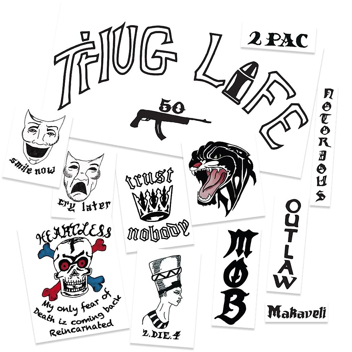 FashionTats Thug Life | Celebrity Rapper Temporary Tattoos | UPDATED for 2023 | Skin Safe | MADE IN THE USA | Removable
