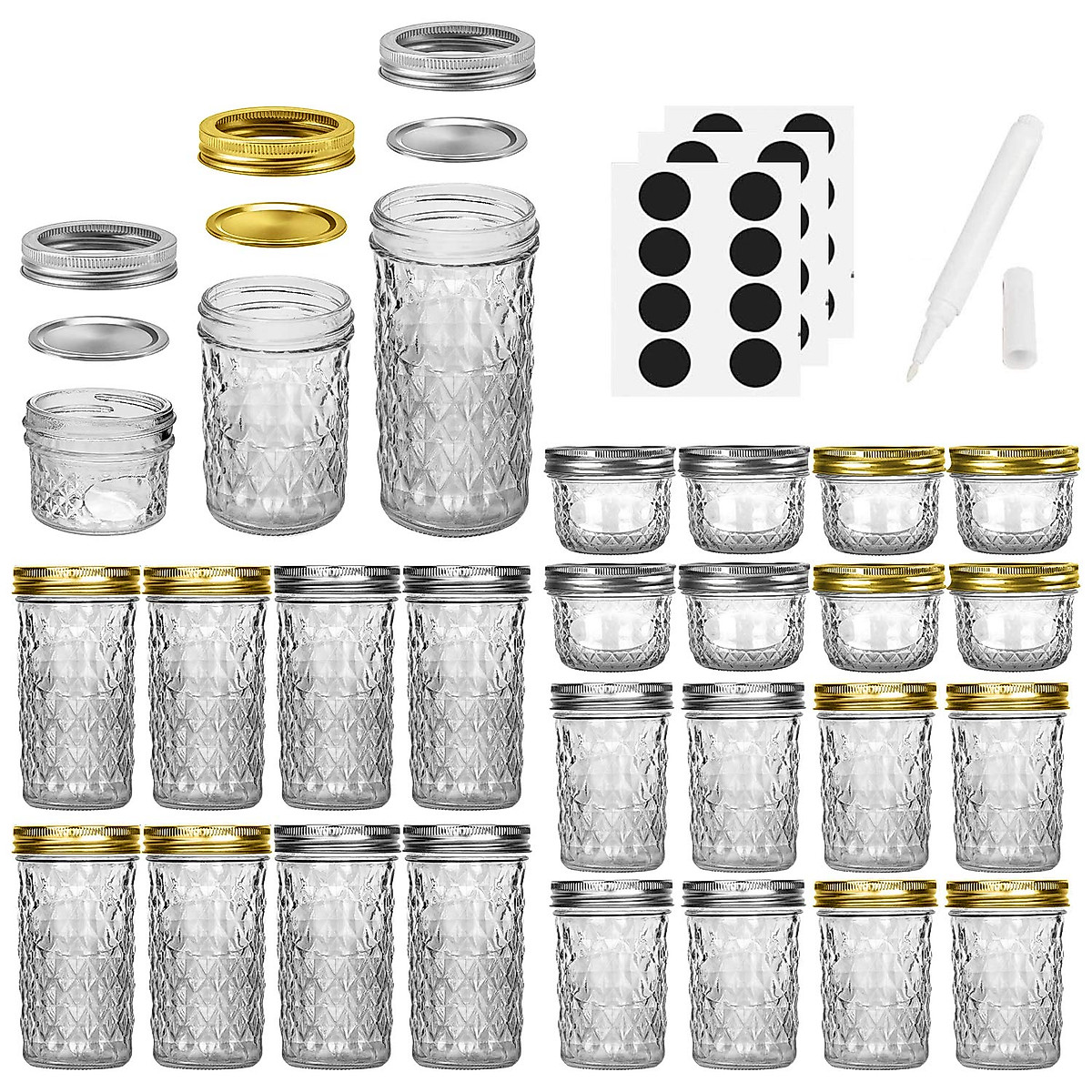 Mason Jars Canning Jars, 24 Pack Jelly Jars With Regular Lids, Ideal for Jam, Honey, Wedding / Shower Favors, DIY Magnetic Spice Jars - 4 OZ x 8, 8 OZ x 8, 12 OZ x 8 (4oz -8oz-12oz)