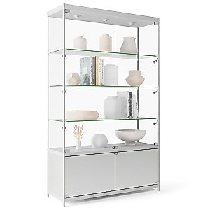 Displays2go 48" Retail Showcase, 7 LED Lights, Storage, Lockable Swinging Doors - Silver (LESC4816SB)