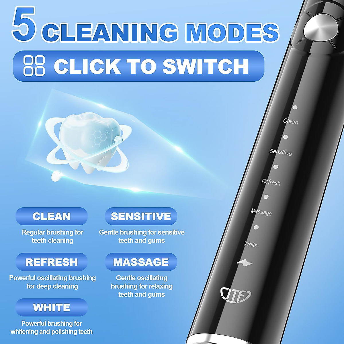 JTF Sonic Electric Toothbrush for Adults - Teeth Whitening Toothbrush with 6 Brush Heads and a Travel Case, Fast Charging for 60 Days Use Waterproof Toothbrushes, Black