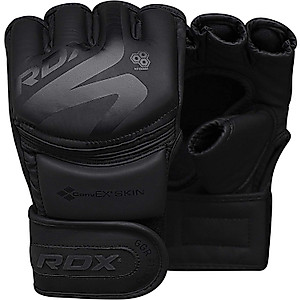 RDX MMA Gloves Noir, Maya Hide Leather, Ventilated Open D-Cut Palm, Padded Grappling Sparring Mitts, Cage Fighting Kickboxing Mixed Martial Arts Muay Thai Training, Punching Bag Pads Workout, Black