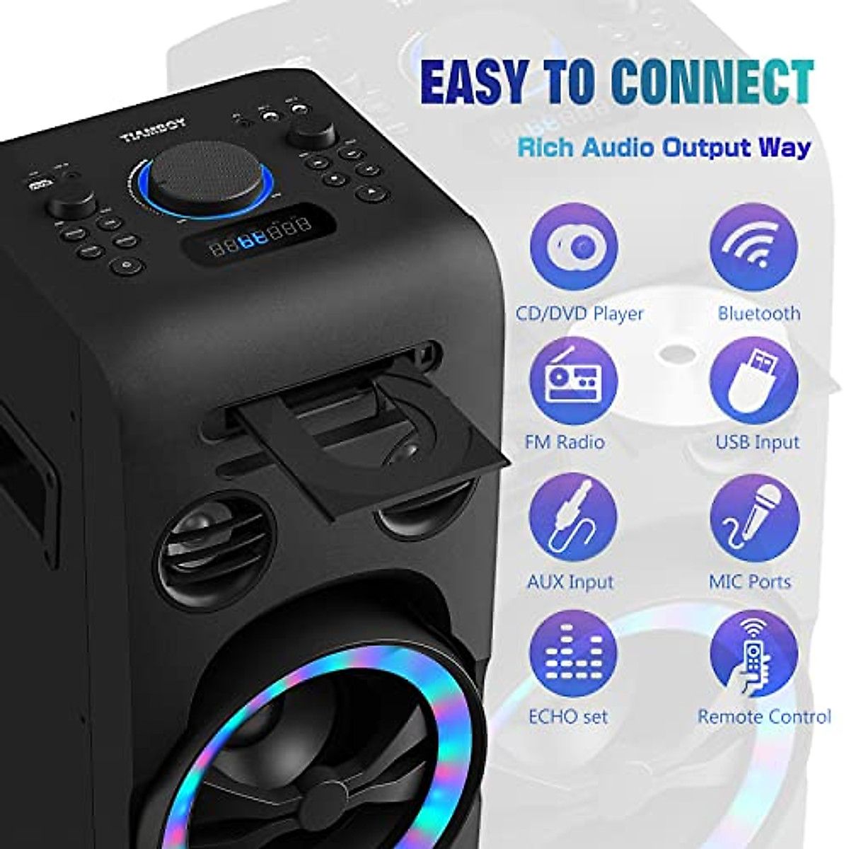 Home Stereo System CD/DVD Player, Bluetooth Party Speaker with Karaoke MIC Ports x 2, Floorstanding Soundsystem with LED Lightshow, Bass/Echo Adjustable