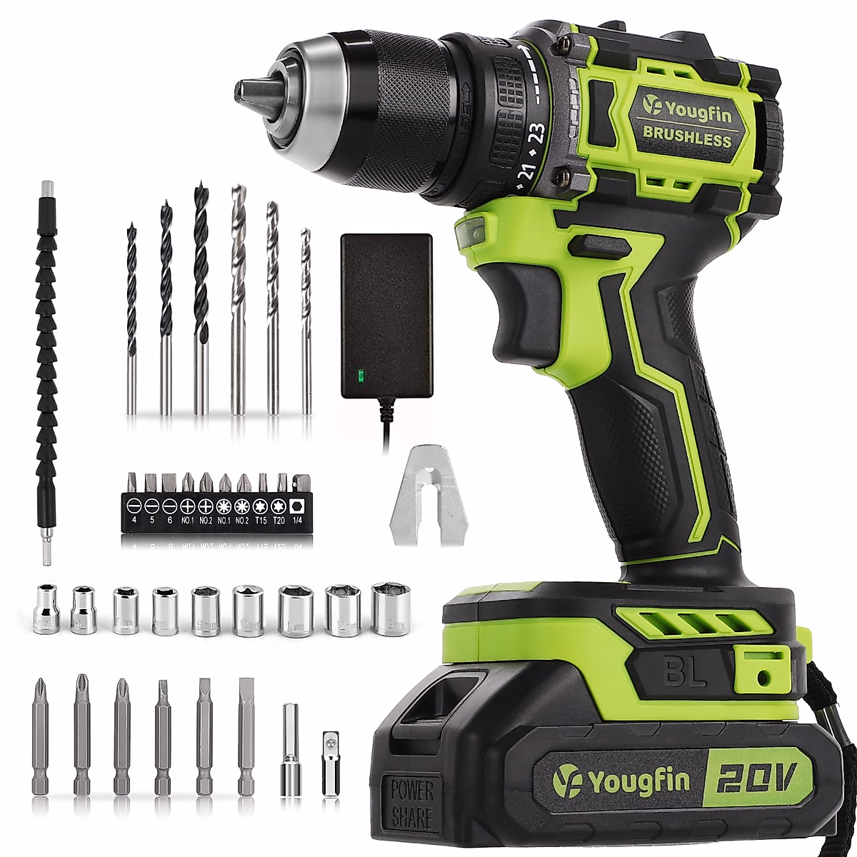 YOUGFIN Brushless Cordless Drill Diver Set Heavy Duty for Home Use, 20v Rechargeable Battery Powered Drills with Charger 45N.M, 23+1 Torque, 2 Speed Mode Electric Wall Drill Machine 2-13mm Chuck