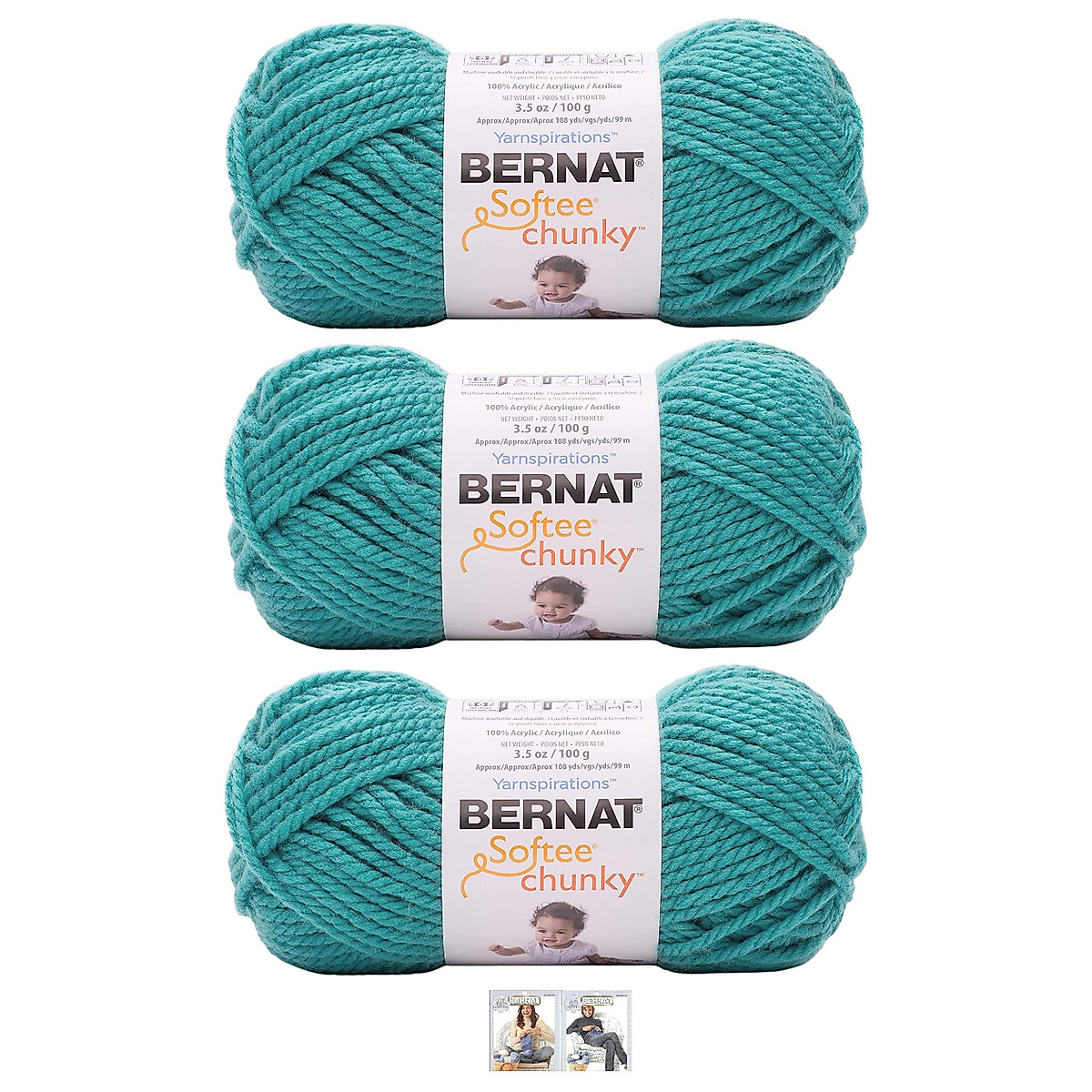 Bernat Softee Chunky Yarn Bundle Super Bulky Number 6, 3 Skeins (Light Jade)