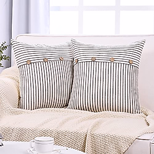 Farmhouse Button Pillow Covers 18 x 18, Black and Beige Striped Patchwork Pillow Covers, Set of 2 Modern Accent Square Couch Pillow Cases, Decorative Pillowcases with Buttons for Sofa Couch Bed