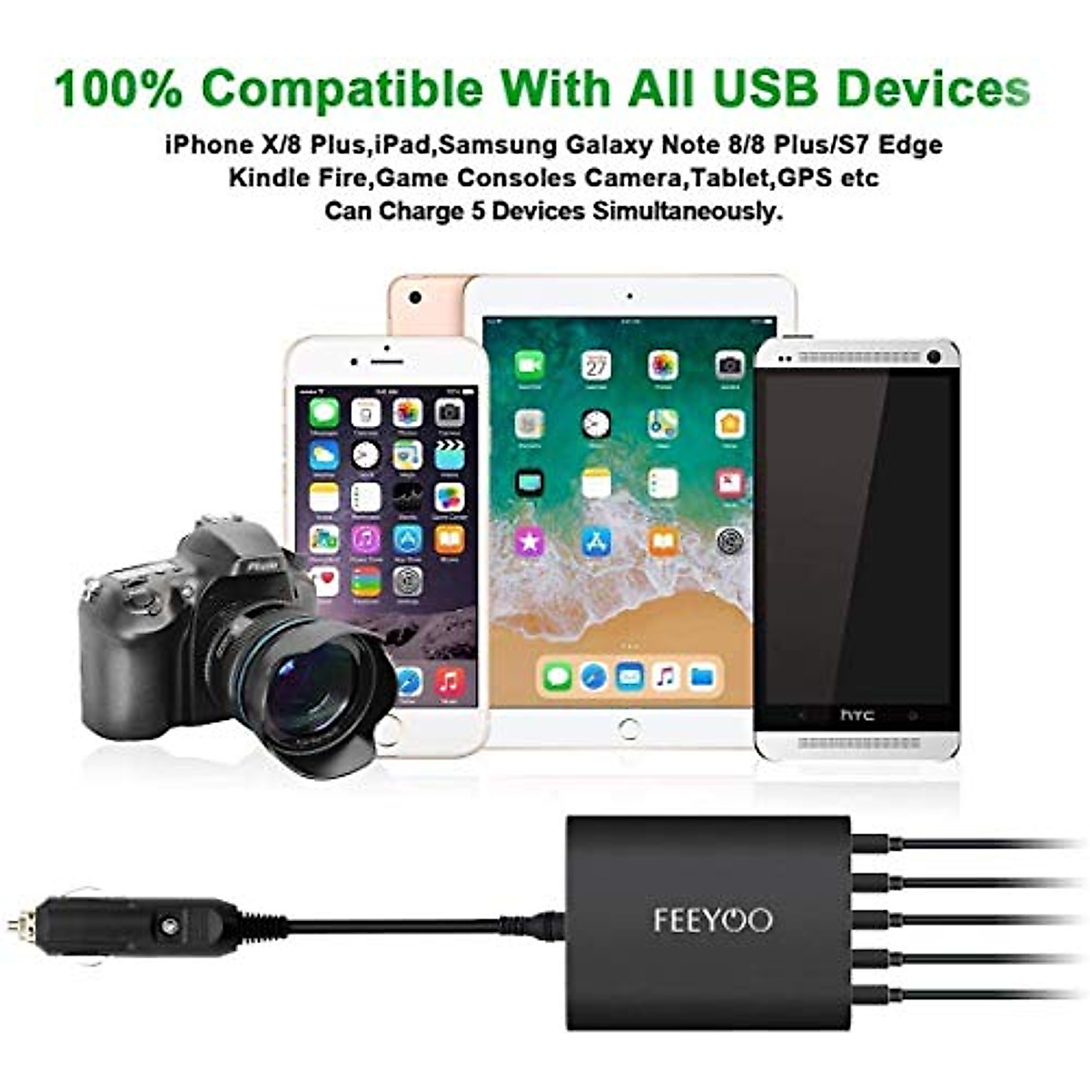 USB Car Charger Multiple Ports, 45W 5-Ports Quick Charge Car Charger Adapter,12V-24V Cigarette Lighter Adapter Multi USB Auto Splitter Fast Charging for iPhone & Android,Samsung Galaxy S10 S9 Plus