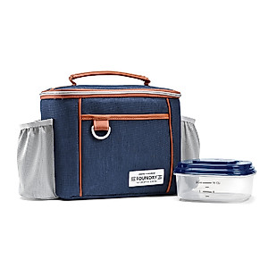 Fit & Fresh Foundry, Promenade Adult Insulated Lunch Bag with Side Pouches, Complete Lunch Kit Includes Matching Container, Navy
