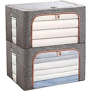 Clothes Storage Bins Boxes, 2 Pack Large Foldable Storage Bags with Clear Window/Durable Handles for Clothes, Metal Frame Clothes Storage Containers Organizer Set for Bedding, Blankets, Toys, Books(Dark gray, 66L)