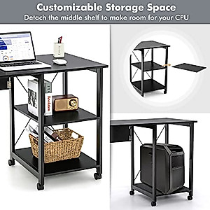 Tangkula Folding Computer Desk, Modern Writing Table w/ 2-Tier Storage Shelves, PC Laptop Study Table Workstation w/ 6 Wheels, Space Saving Compact Home Office Desk for Small Apartment (Black)