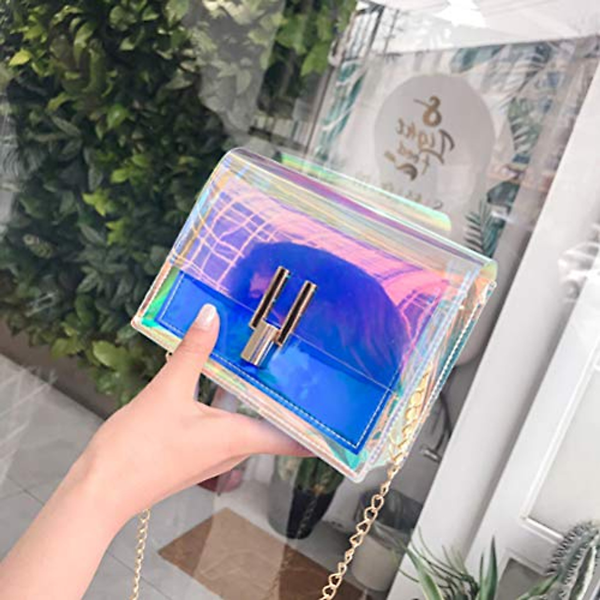 VALICLUD Holographic Clear Crossbody Chain Purse Transparent Iridescent Shoulder Handbag Small Jelly Tote Bag for Women