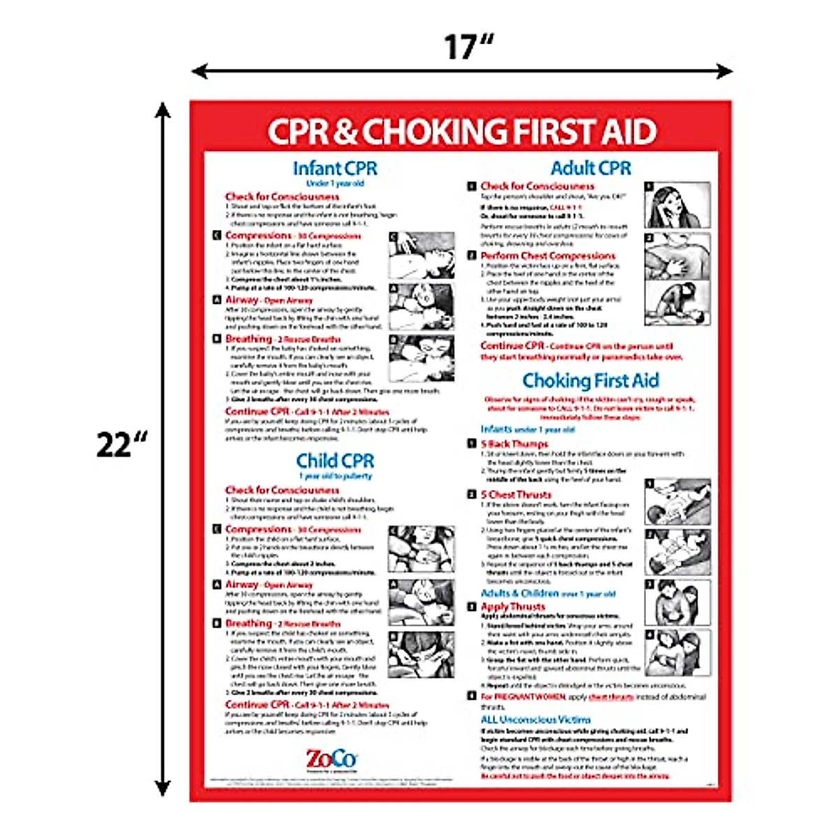 CPR Poster - Heimlich Maneuver Restaurant Sign - Laminated, 17 x 22 inches - Infant, Child, Adult CPR and Choking First Aid Poster - School Nurse Office Decor