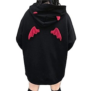 kydely Womens Devil Wings Red Horn Sweatshirt Long Sleeve Hoodie Pullover Hooded Tops, Black, X-Large