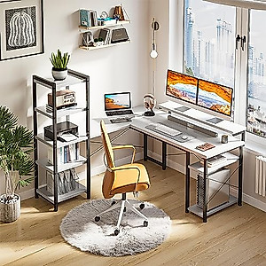 ODK L Shaped Desk with Monitor Stand, 54 Inch Home Office Desks with Storage Printer Shelves, Reversible Corner Gaming Desk with Bookshelf for Bedroom, White