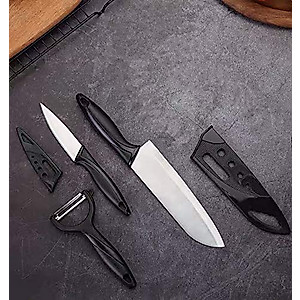 WOLFLAND 3 Pieces Kitchen Knife Set 3.5” Paring knife 7” Santoku Knife w/Protective Covers and Peeler Stainless Steel blade and Ergonomic Black Handle