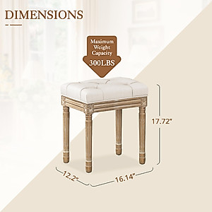 LUE BONA Upholstered Fabric Vanity Bench Seat, Makeup Stools for Vanity, Square Tufted Ottoman Bench with Carved Wood Color Legs for Bedroom Living Room, Beige